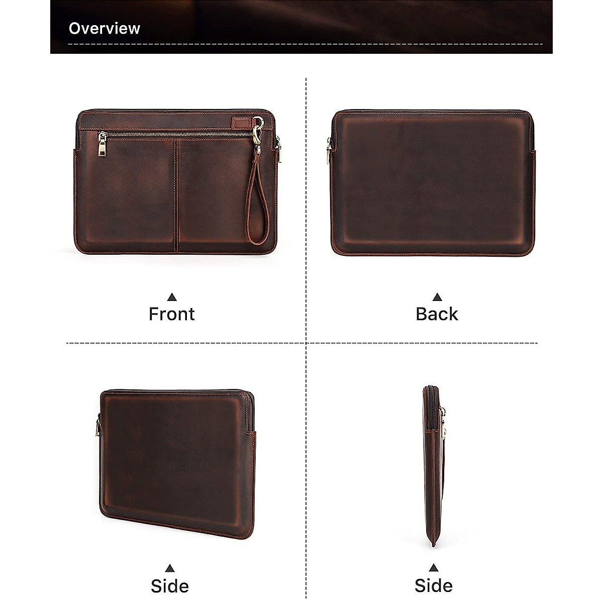 CataPurus Top Grain Leather 14.2" Laptop Case Bag, Zip Pockets Design, Compatible with MacBook Air 13" M2 A2681 M1 A2337 A2179 A1932/Pro 13" M2 M1 A2338 A2251 A2289 A2159 A1989 A1706, Coffee 14.2 Inch