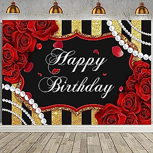 Happy Birthday Photography Background Woman Floral Birthday Party Backdrop Adult Men Woman Party Decor Red Roses Floral Pearl Black and Gold Stripes Backdrop Baby Shower Cake Table Banner (6X4FT)