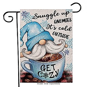 Artofy Snuggle Up Gnomies It's Cold Outside Home Decorative Garden Flag Winter Gnome Plaid House Yard Coffee Bean Cup Snowflake Outside Decor, Christmas Farmhouse Outdoor Small Burlap Decoration 12x18