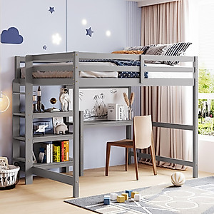 BIADNBZ Full Size Loft Bed with Desk, Shelves and White Writing Board, Wooden High LoftBed Frame, for Kids Teens Bedroom, Gray