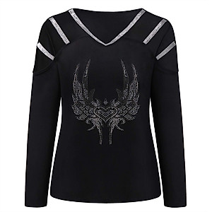 Padaleks Womens Casual Tops Long Sleeve Cutout Cold Shoulder Crewneck Rhinestone Blouse Pullover Shirt Sweatshirts