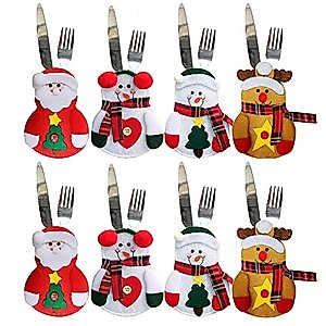 MOKYYDS 8PCS Set Christmas Snowman Cutlery Silverware Holders Pockets Knifes Forks Bag Santa Suit Xmas Deer Hotel Party Dinner Table Decoration