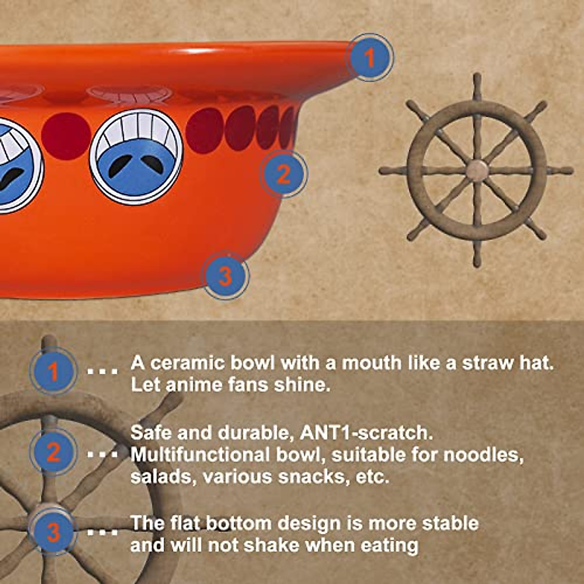 Anime One Piece Bowl Set with Chopsticks Straw Hat Ceramic Ramen Bowl Set Merchandise Fans Gifts, Dishwasher & Microwave Safe (orange)