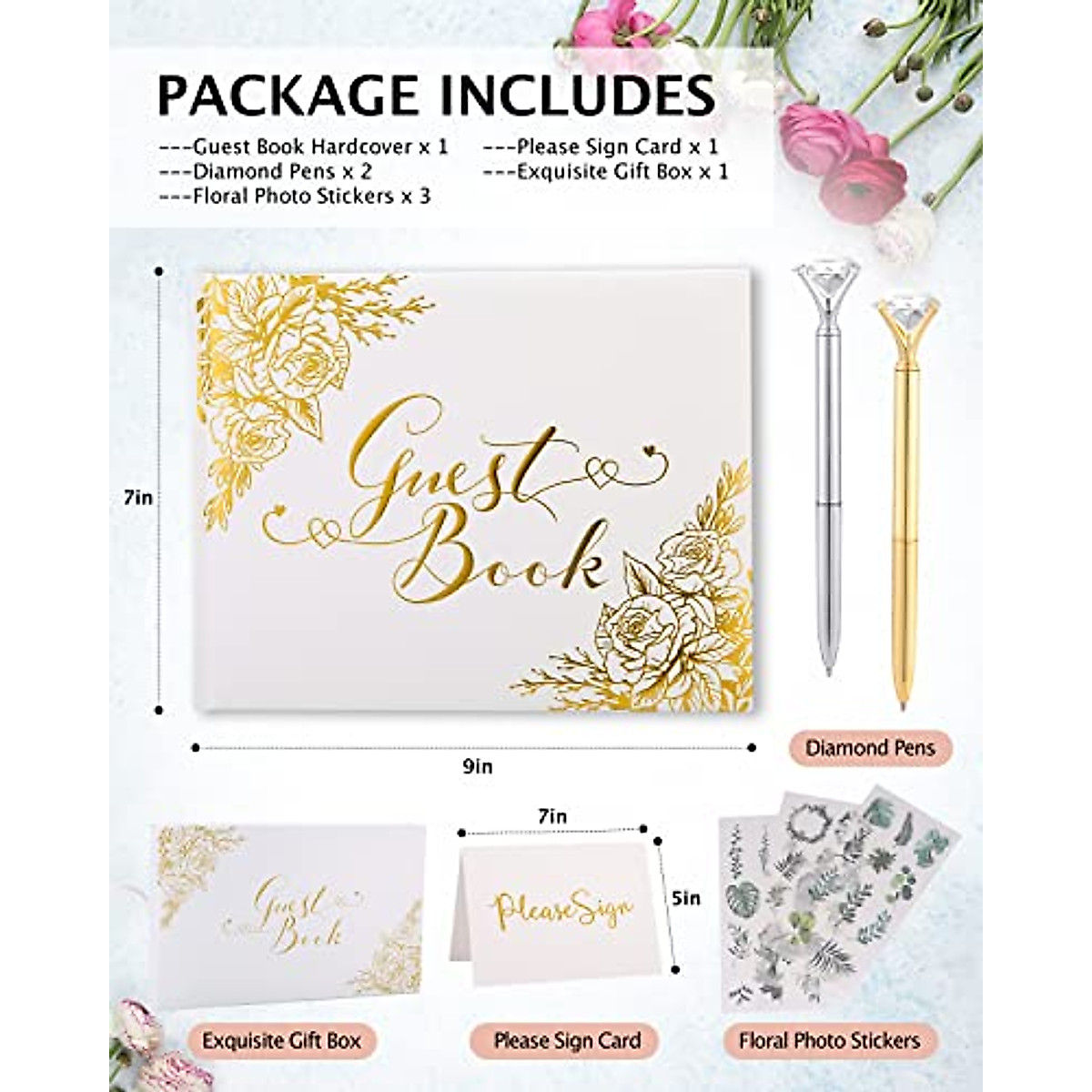 Wedding Guest Book - Guest Book Wedding Reception with Pens - 9x7'' Personalized Wedding Guestbook Photo Album Sign in Book - Gold Foil Hardcover & Gilded Edges, for Weddings, Baby Shower, Party