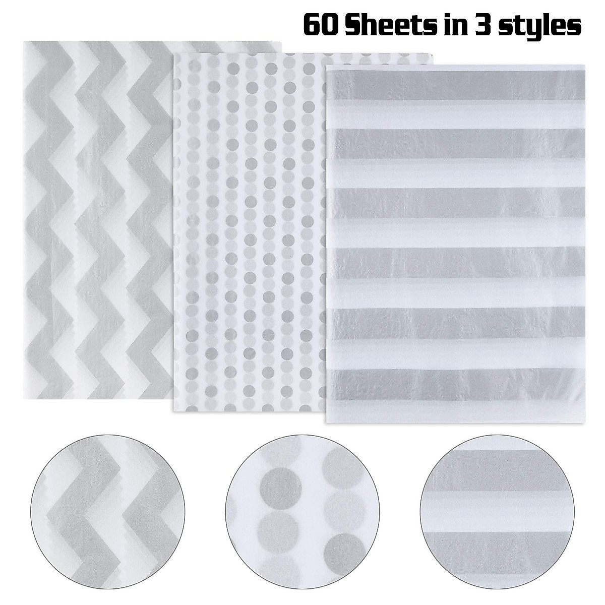 MIAHART 60 Pcs Silver White Tissue Paper Bulk 3 Style Decorative Metallic Wrapping Paper for Birthday Weddings Christmas Party Decoration, DIY Arts Crafts