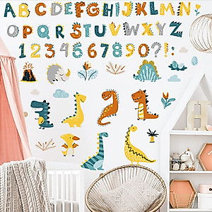 61 Pieces Cute Dinosaur Wall Stickers Enlightenment Education Numbers ABC Alphabet Wall Decals Removable Peel and Stick Nursery Wall Poster Mural for Kids Classroom Bedroom Playroom Living Room Decor