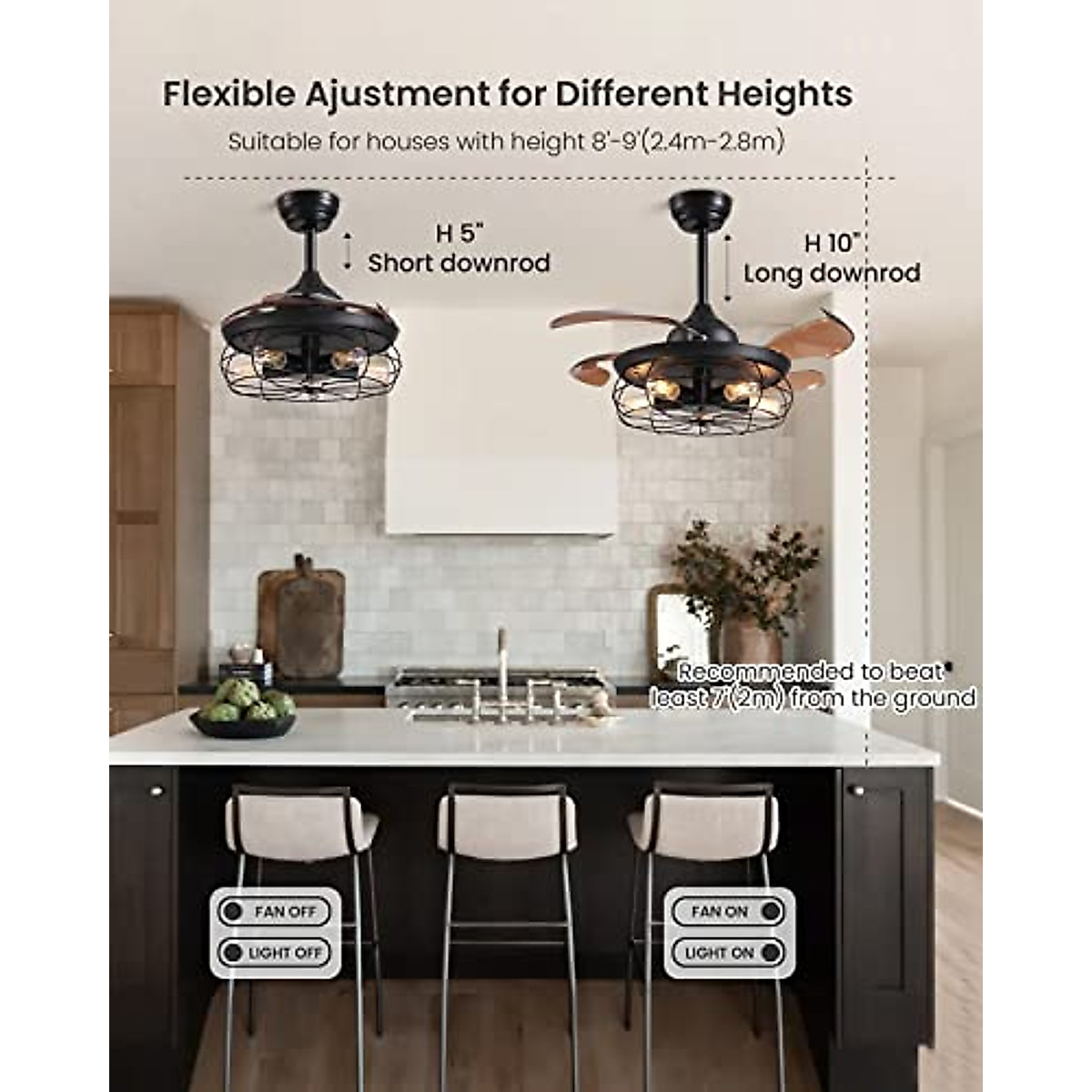 Siljoy 36” Farmhouse Ceiling Fan with Lights and Remote, Industrial Caged Retractable Ceiling Fan, 6 Wind Speeds Rustic Ceiling Fan for Patio Kitchen Bedroom Living Room, Black