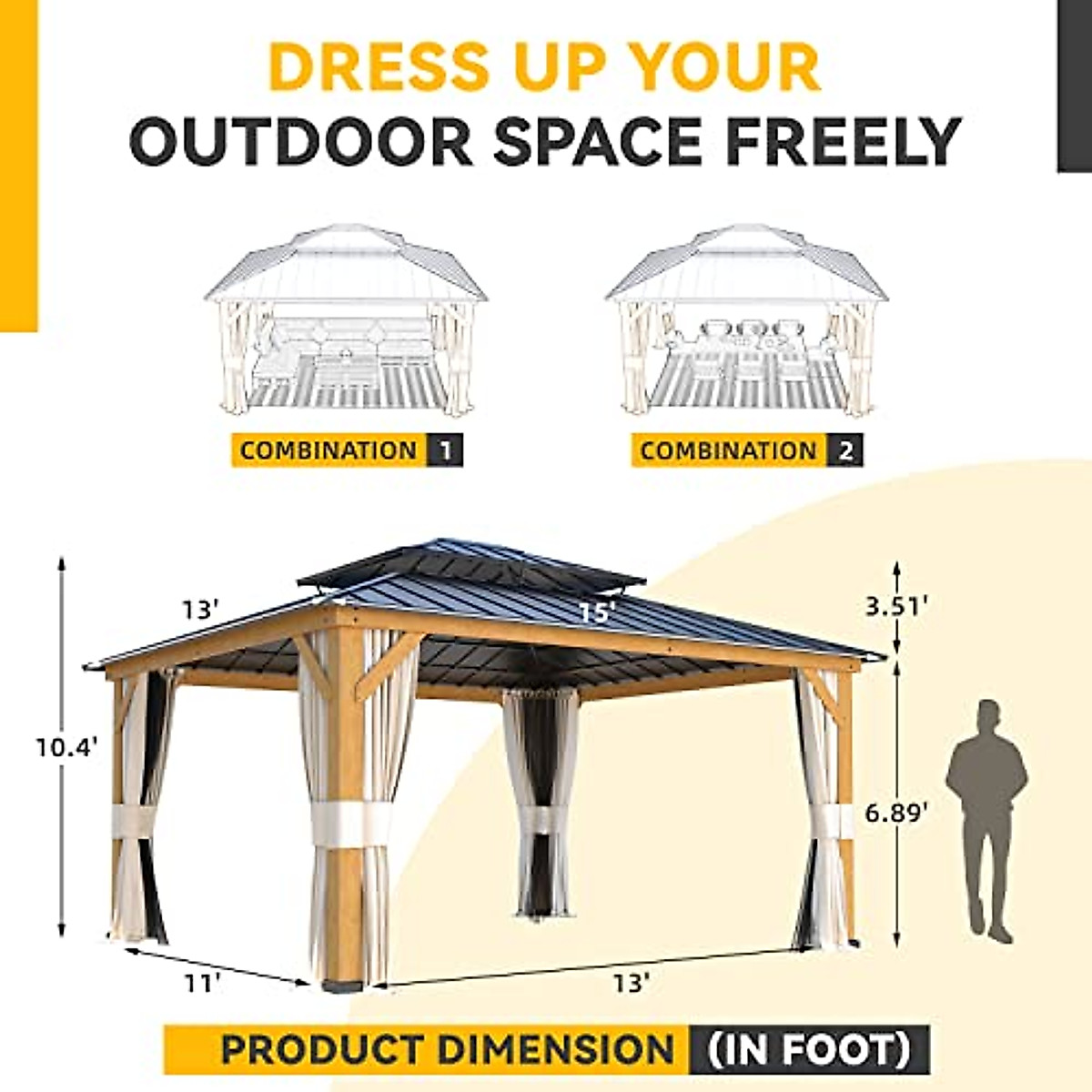 EROMMY 13'x15' Wood Gazebo, Outdoor Hardtop Gazebo Pavilion with Netting and Curtains, Spruce Wooden Frame Double Roof Metal Canopy for Patio Backyard Deck Garden