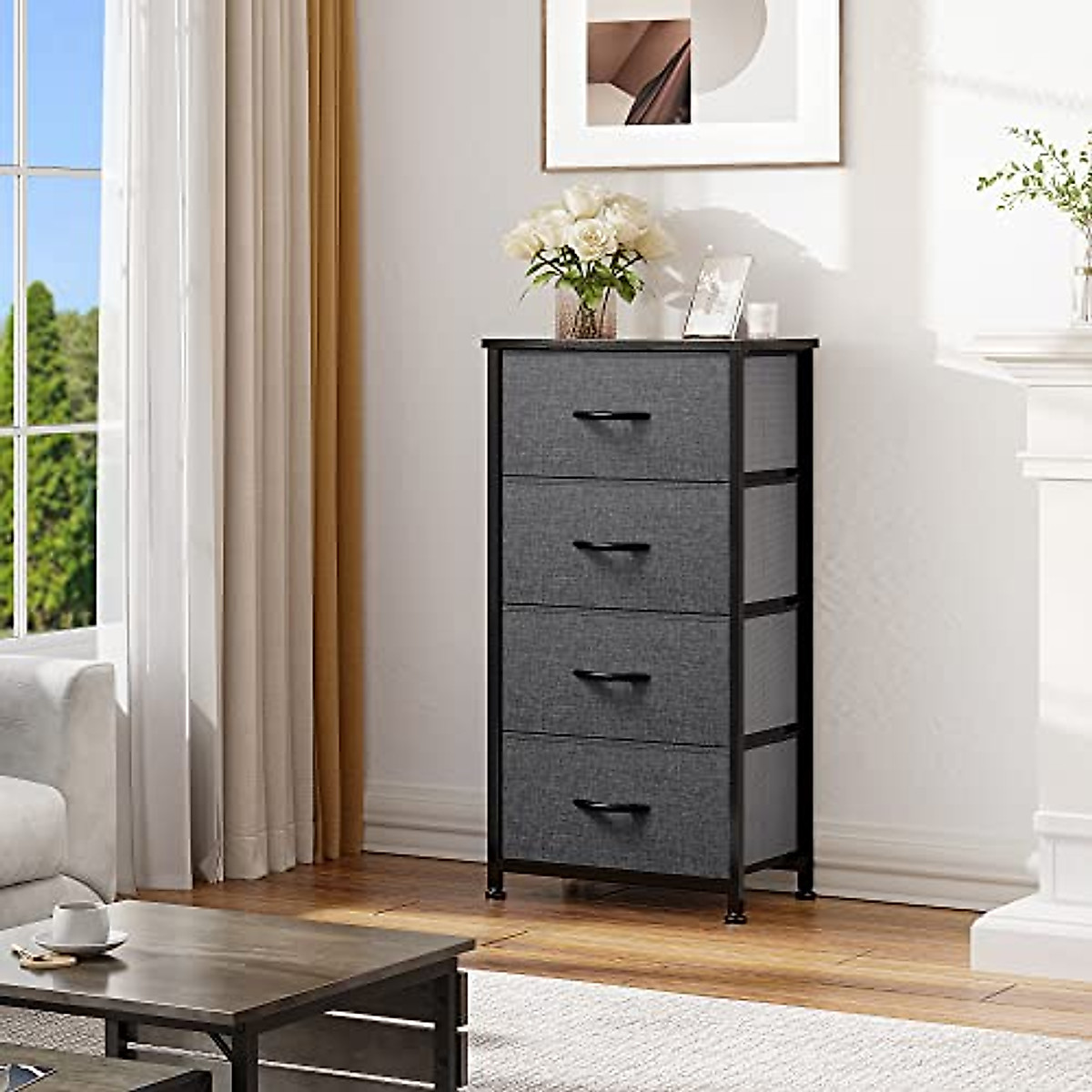 DWVO 4 Drawers Dresser, Small Dresser for Bedroom, Fabric Storage Tower, Chest of Drawers, Organizer Unit for Closets, Living Room, Sturdy Steel Frame, Wooden Top, Easy Pull Handle, Black Grey