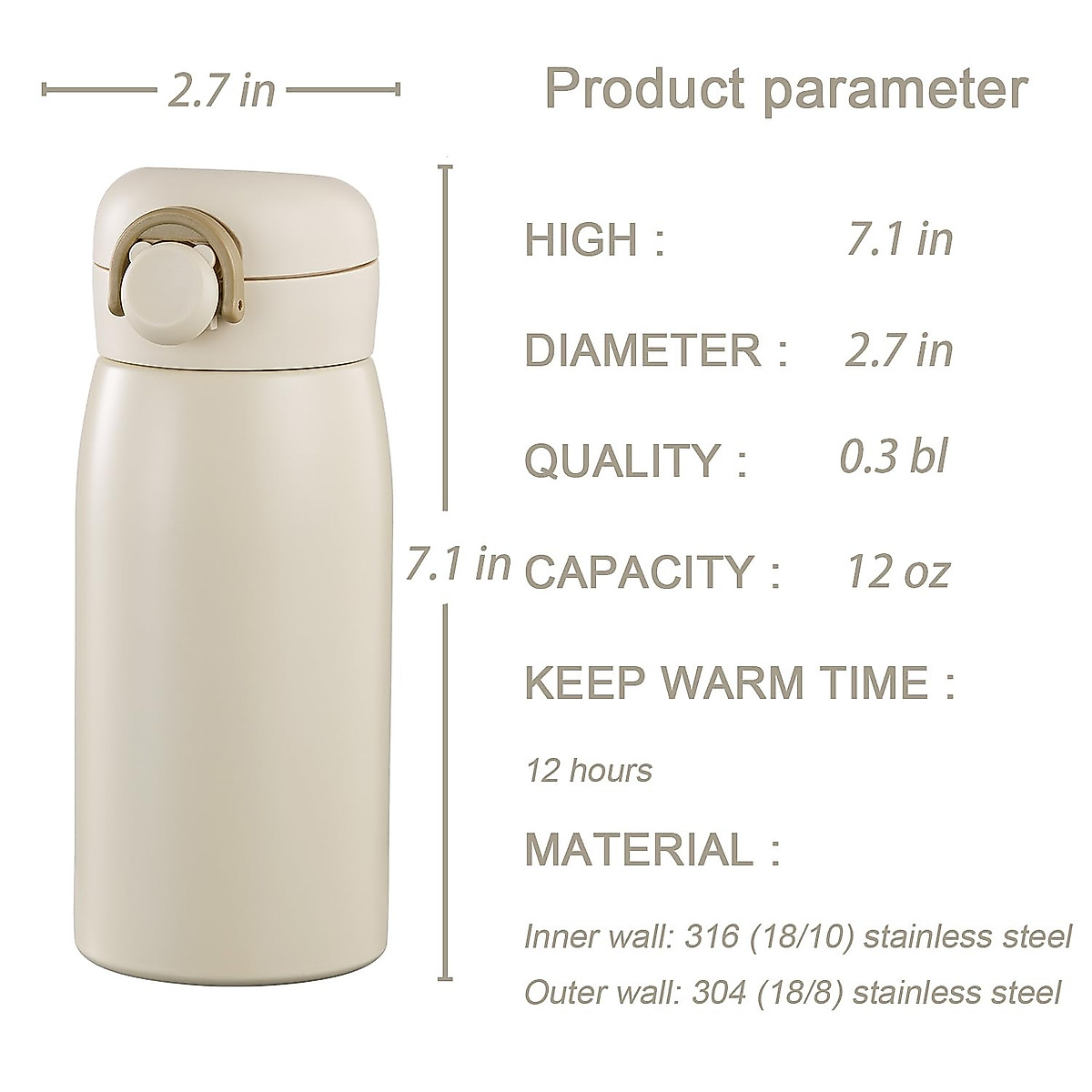 jocoiot 12 oz Mini Water Bottle Small Stainless Steel Thermos - Insulated Vacuum, Leak Proof, Keeps Drinks Hot/Cold - Ideal for Coffee, beverage, Water - White