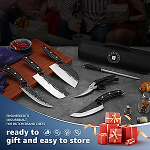 TIVOLI Professional Butcher Knife Set for Meat Processing, 7Pcs High Carbon Steel Hand Forged BBQ Knife Set, Serbian Chef Knife Set with Ergonomic Handles for Kitchen Outdoor Cooking Father's Day Gift