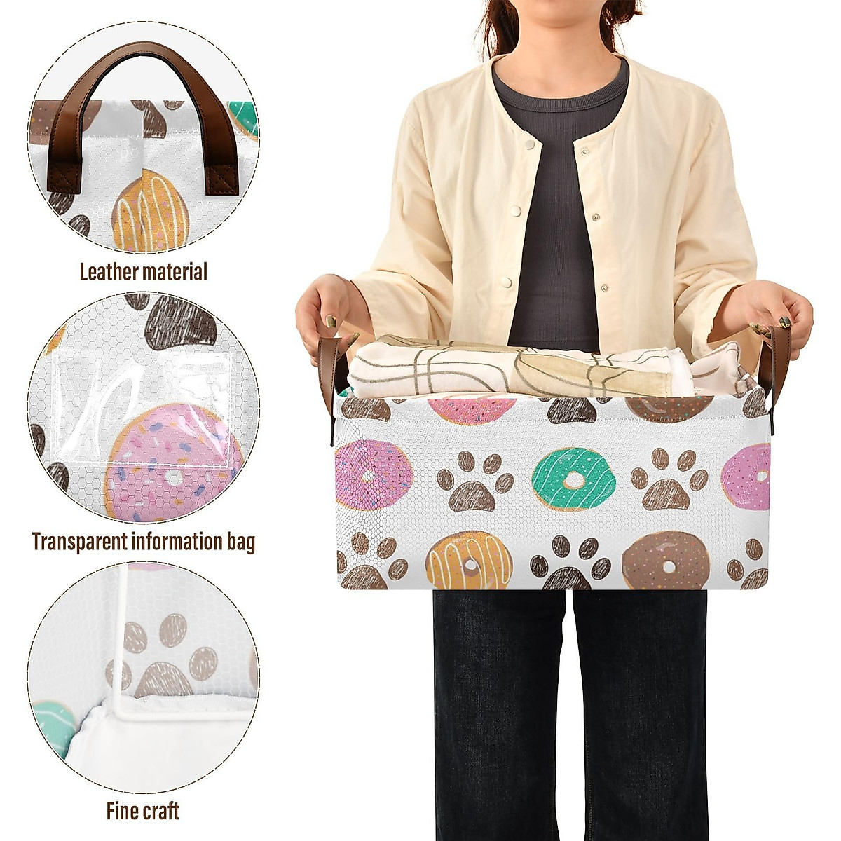 susiyo Colorful Doughnuts Paw Prints Fabric Storage Baskets Small Storage Bins with Handles - 1 Piece