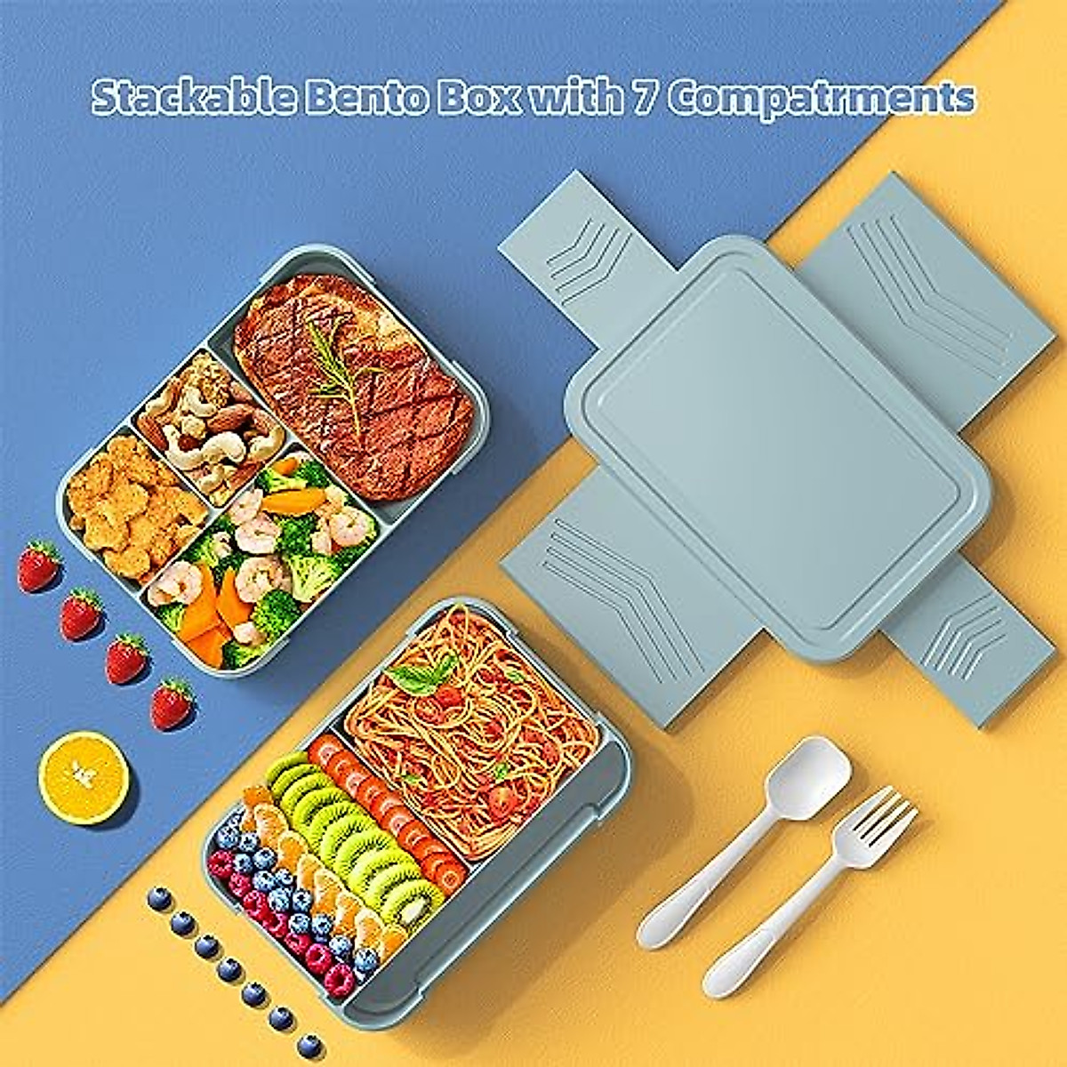 Lunch Bento Box for Kids, Stackable Bento Lunch Containers for Adults 50oz Leakproof Lunchbox with 7 Compartments Built-in Utensil Set for Kids Back to School,On-the-Go Meal and Snack Packing-Blue