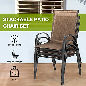 NUU GARDEN Patio Dining Chairs Set of 4, Outdoor Stackable Dining Chairs with High Back, All Weather Textilene Patio Chairs, Metal Frame and Breathable Garden Outdoor Chairs for Backyard Deck, Brown