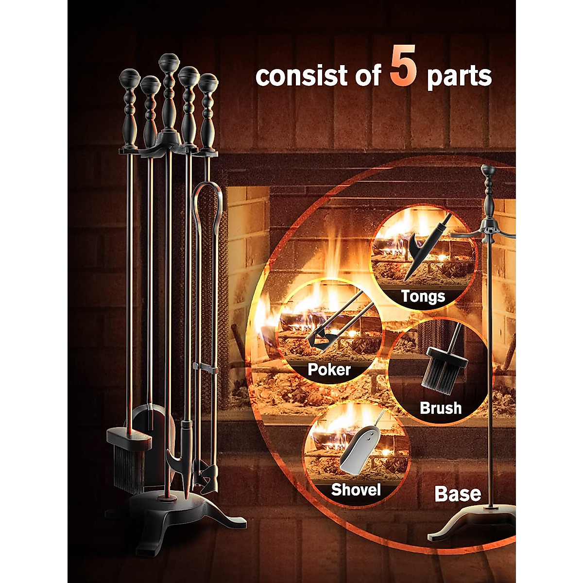 COMFYHOME 5-Piece Fireplace Tools Set 32'', Heavy Duty Wrought Iron Fire Place Tool w/Long Fire Poker, Shovel, Tongs, Brush, Stand for Outdoor Indoor Chimney,Stove, Fire Pit Easy to Assemble,Black