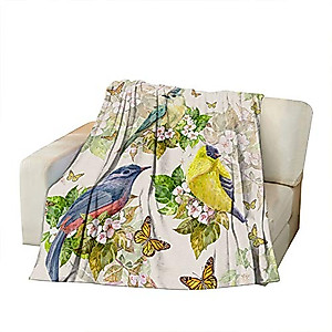 EKOBLA Bird Throw Blanket Cute Birds On Spring Blossom Butterfly Nature Flowers Leaf Ecology Plush Soft Throw Blanket for Chair Sofa Couch Bed Camping Travel Flannel Fleece 50x60 Inch