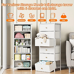 GipGiper Tall Skinny Dresser, Dresser for Bedroom, 6 Drawers Storage Organizer, White Fabric Dresser for Closet, with Sturdy Steel Frame, Metal Handle, Leather Front, Wood Top, Living Room, Nursery