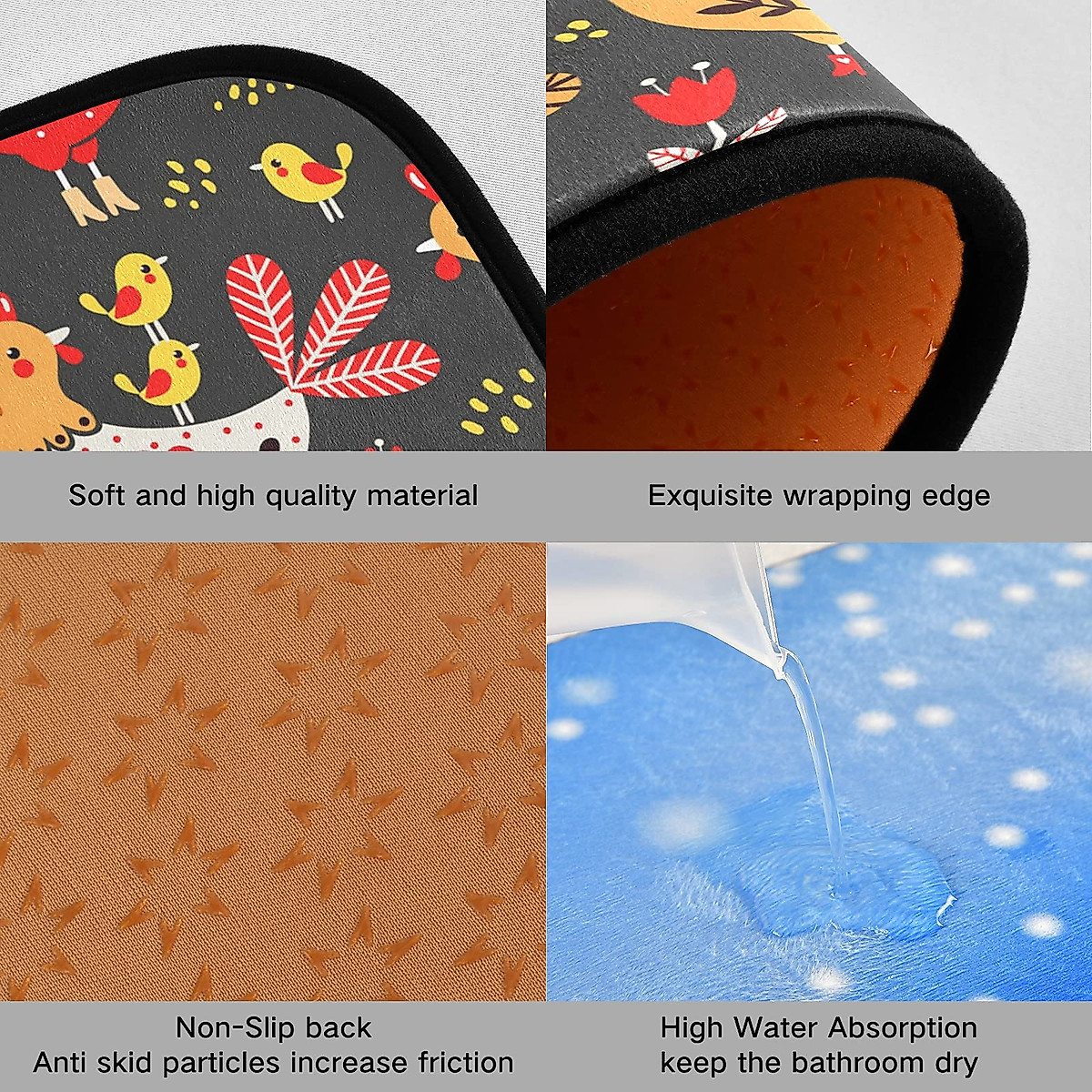 2 Piece Kitchen Rugs and Mats, Cute Rooster Chicken Cushioned Kitchen Mat Anti-Fatigue Comfort Floor Mat Non Slip Kitchen Rug Standing Mats for Kitchen, Sink, Bathroom, Laundry(20x47 Inch+20x28 Inch)