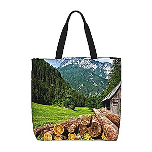 VACSAX Tote Bag for Women Reusable Shopping Bags Swiss Alps landscape Print Shoulder Handbag Aesthetic Totes for Grocery