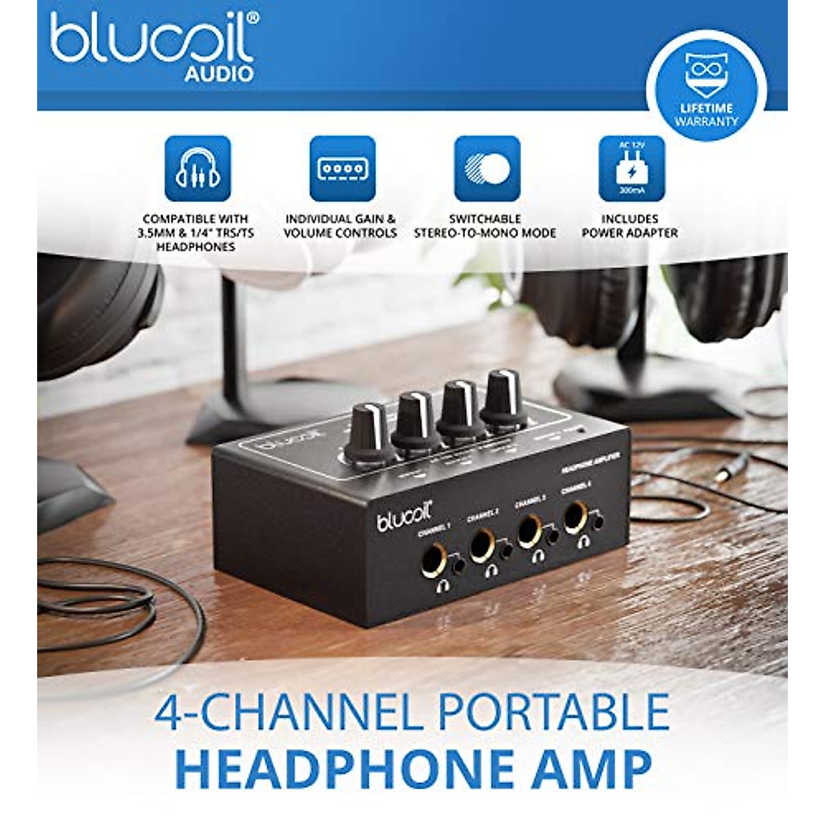 Audio-Technica ATH-M30x Professional Studio Monitor Headphones for Studio Tracking and Mixing (Black) Bundle with Blucoil 4-Channel Headphone Amplifier, and 6-FT Headphone Extension Cable (3.5mm)