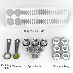 Triplot Reusable Capsules for Nespresso OriginalLine - 6pcs Refillable Coffee Pods,Stainless Steel Cups Compatible for Nespresso OriginalLine Machine (6Pods+100pcs Lids+Tray+Refilling Tool&Tamper)