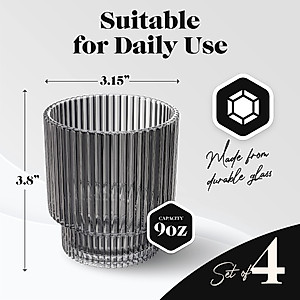 American Atelier Vintage Art Deco Fluted Drinking Glasses, Set of 4 Modern Kitchen Glassware Set | Old Fashion Tumbler for Cocktails and Water | Ribbed Lowball Glass Cup for Whiskey (Smoke Grey)