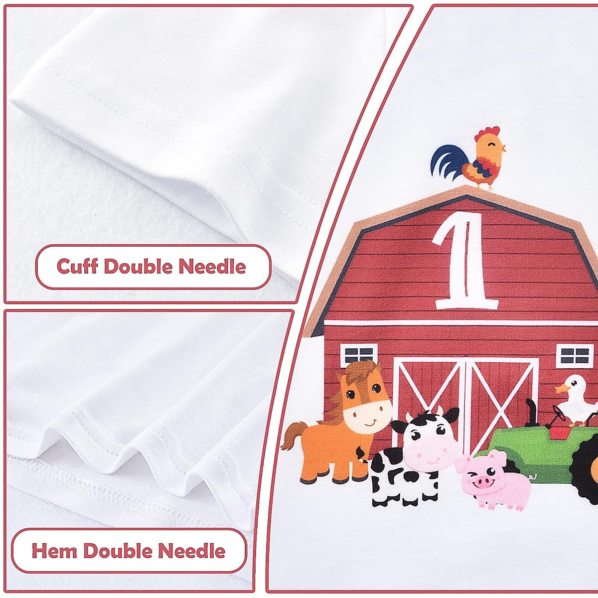 1st Birthday T-Shirt Baby Boy Toddler Farm Animal One 1 Year Old B-Day Tee Gift First Farm Animals Themed Birthday Party Top Tee Cotton T Shirt Printed Short Sleeve Outfit(White, 1T, 1_Year)
