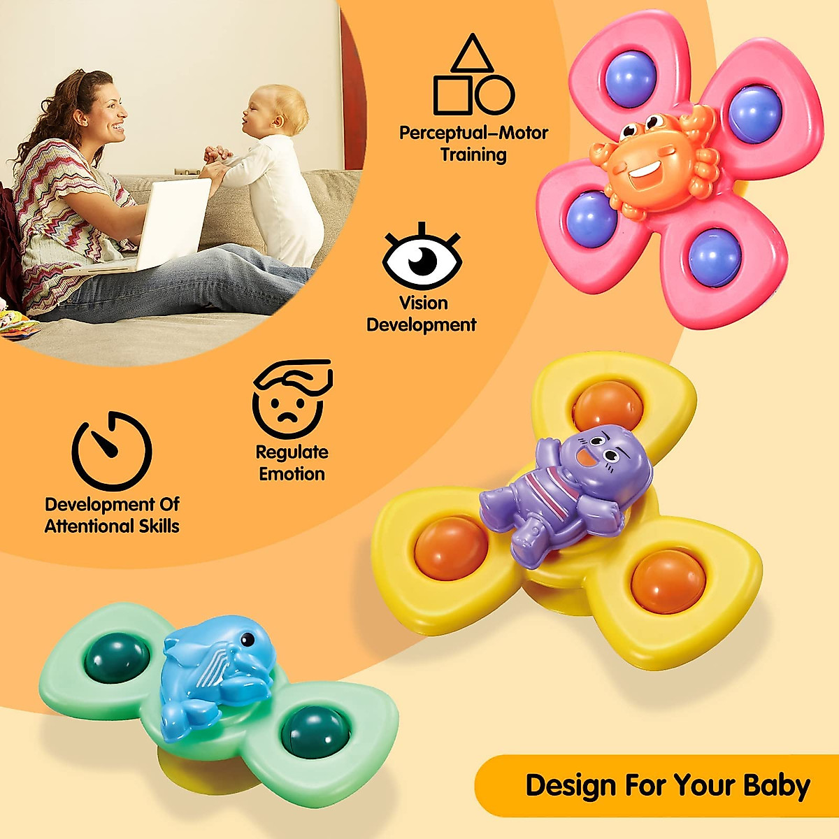 Chylldem Spinning Top Toys with New Upgrade Suction Cup for 6+ Month Boys and Girls, Baby Rattle Toy Set and Gifts for Babies, Crab, Turtle, Dolphin - 3 Count (Pack of 1)