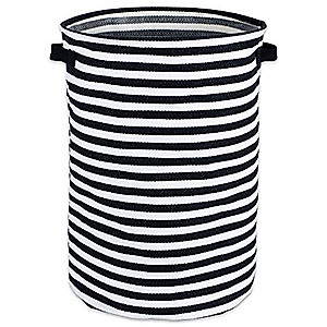 DII Laundry Storage Collection Cabana Stripe Collapsible and Waterproof Bins, Round Hamper, 13.75x20, Black