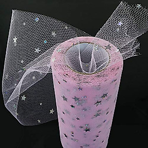 Ruiwaer 10 Yard Pink Star Sequins Tulle Sparkling Tulle 6" Width Tulle Roll for Handmade Crafts Such as Bows, Skirts or Gift Wrapping