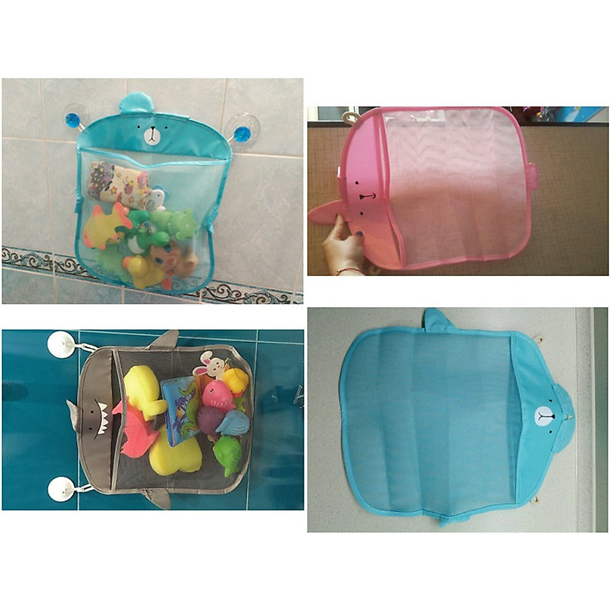 Bath Toy Organizer Cute Baby Hanging Mesh Net Cartoon Tub Toy Storage Large Size and Quick Dry Bathtub Toy Holder (Blue)