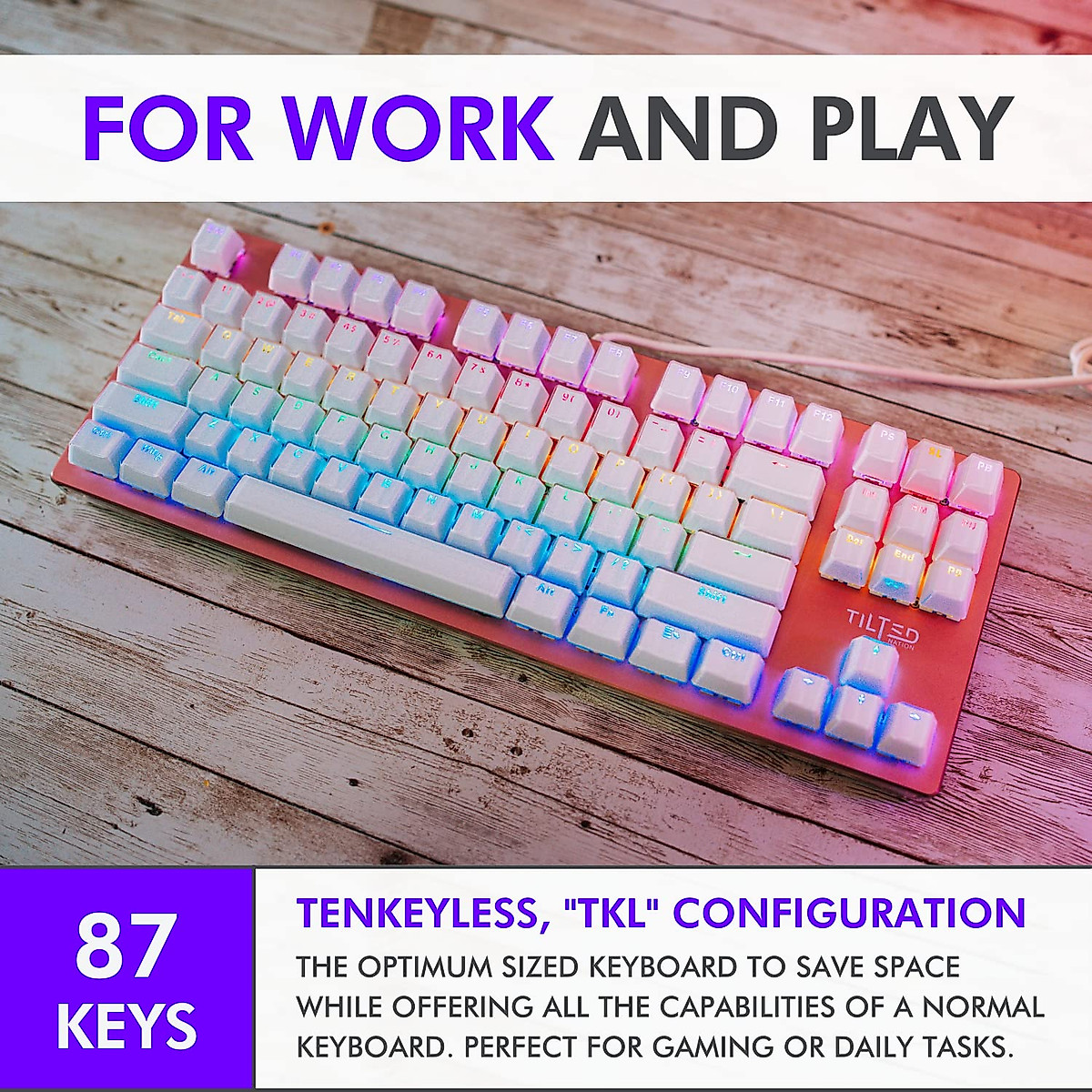 Tilted Nation Pink Mechanical Keyboard TKL - Acrylic Housing, Aluminum Plate, 87 Crystal Keys - USB Wired Tenkeyless Keyboard with Brown Switches (Outemu) - Work and Play - TKL Gaming Keyboard RGB