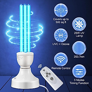 Qualirey 25 Watt UV Light Sanitizer, UVC Lamp with E27 Base and Remote Control, UV Light Bulb for Basement/Bedroom/Kitchen, with Ozone