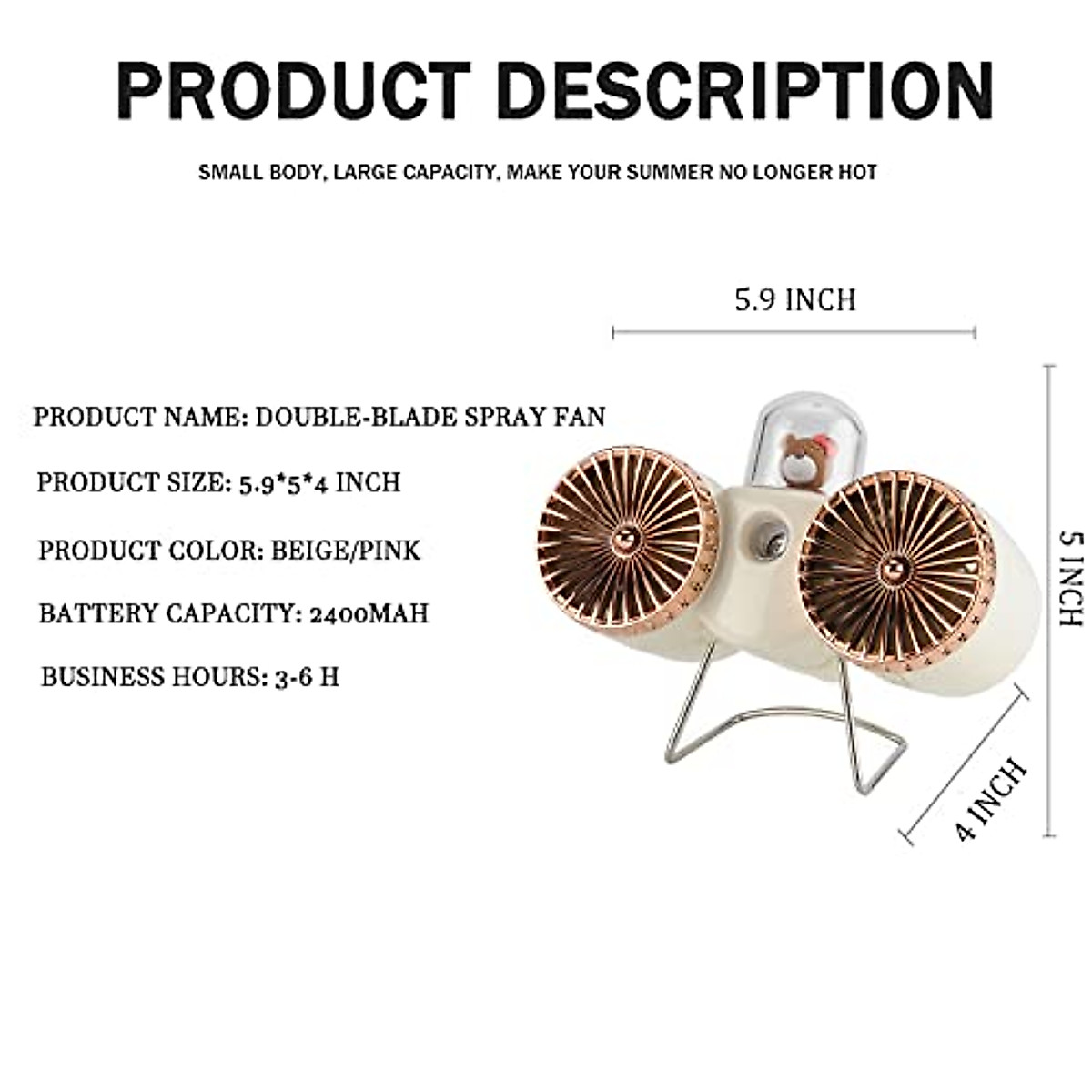 Mini Portable Fan, Dual Head with 3 Speeds Strong Wind, Personal USB Air Conditioner Humidifier Mini Cooling Fan 7 Colorful Nightlight for Home Travel,Office,and Camping, Outdoor(Beige)