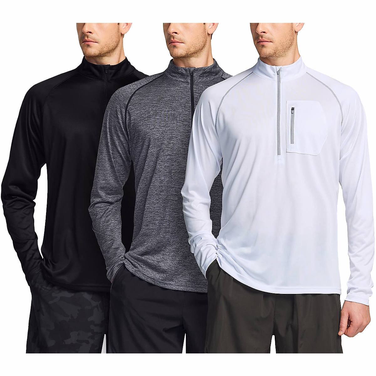 ATHLIO Men's Long Sleeve Athletic Shirts - Quick Dry, UV Sun Protection, 1/4 Zip Pullover Running Tops, 3-Pack Black/Carbon Grey/White, Large