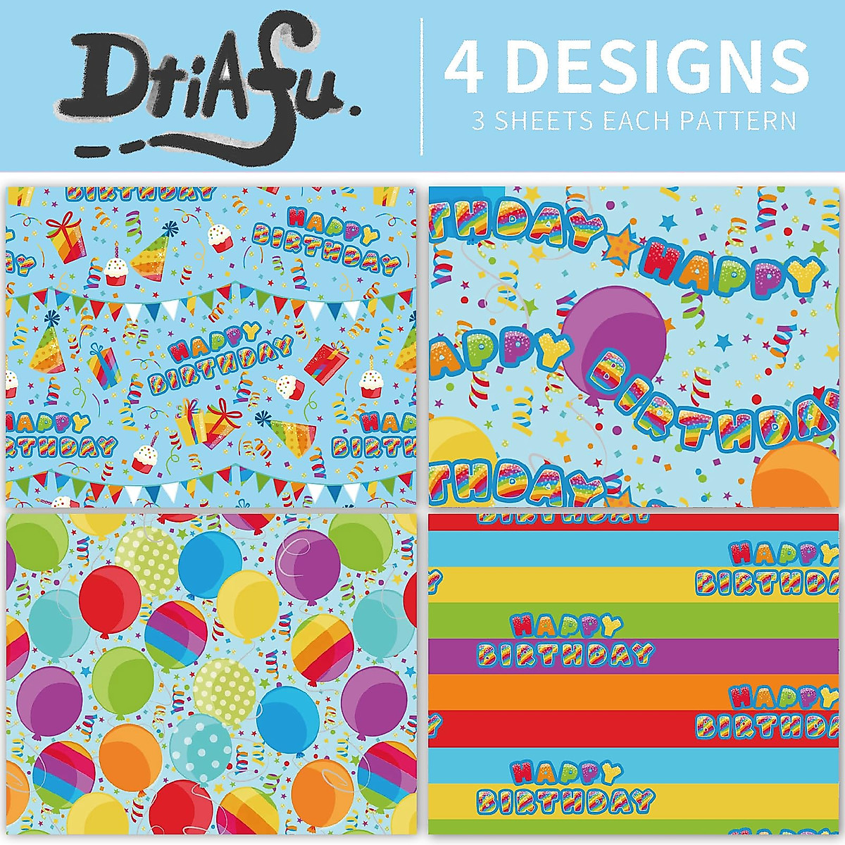 Dtiafu Birthday Wrapping Paper for Boys Girls Kids - Blue Glitter Gift Wrap with Happy Birthday Rainbow Balloons Hats - 20inch x 28inch Per Sheet(8 Sheets Folded Flat)