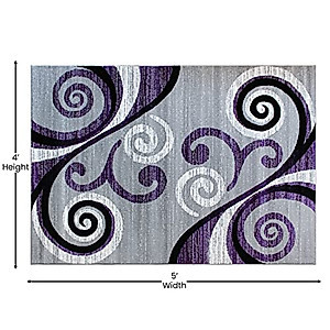 EMMA + OLIVER Helix 4x5 Scraped Look Ultra Soft Plush Pile Olefin Accent Rug in Purple, Gray, Black and White Swirl Pattern, Jute Backing