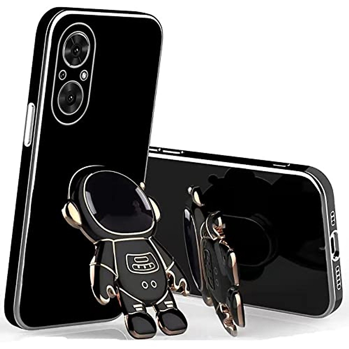 for Oneplus Nord N20 5G Case 6D Plating Astronaut Hidden Stand with Camera Cover,Luxury Glitter Soft TPU Bumper Cute Cartoon Folding Bracket Kickstand Phone Case for Oneplus N20 for Girls Women Black