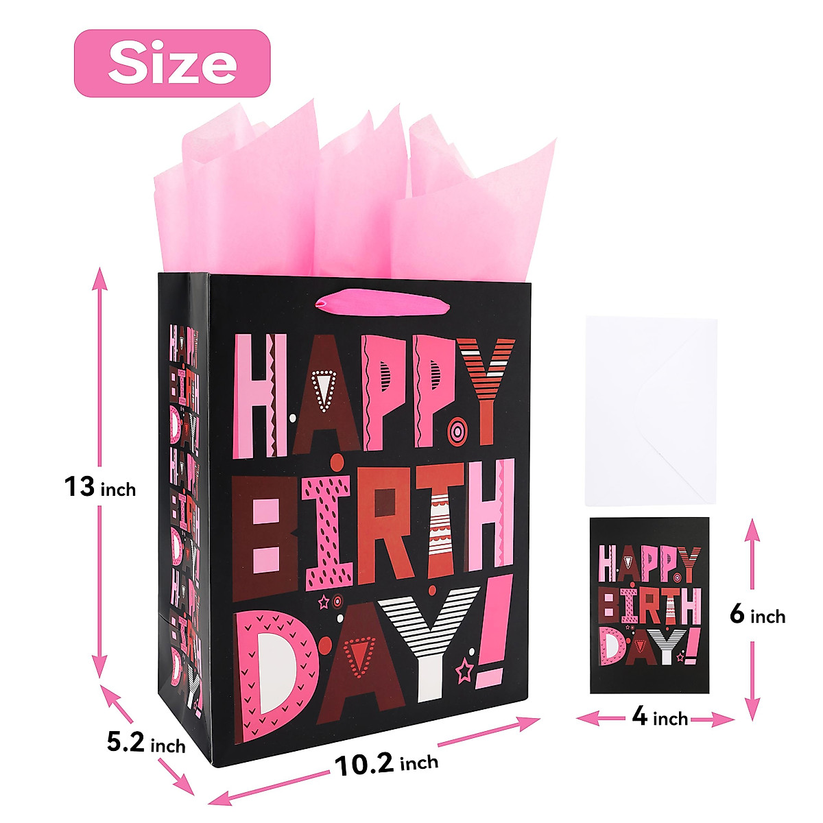 13" Large Pink Gift Bags Set with Greeting Card and Tissue Paper (Pink Happy Birthday) for Girls Birthday Party,Kids Parties,Mother's Day,Baby Shower,Baby Girl -13”x10.1”x5.2”,1 Pcs,