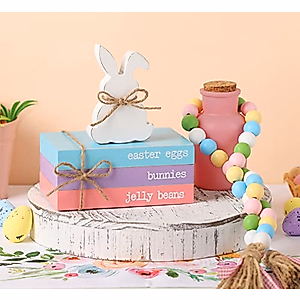 Easter Tiered Tray Decor, Spring Easter Decor for Table, Wood Book Stack with White Bunny and Bead Garland for Easter, Farmhouse Easter Mini Faux Decorative Books Bundle