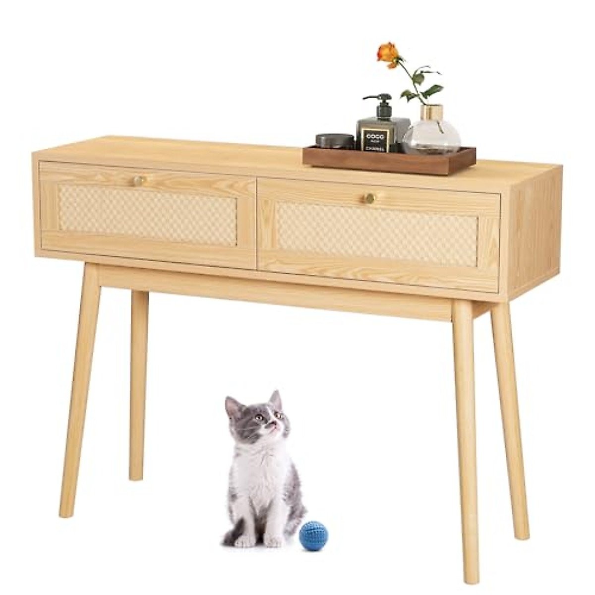 TYBOATLE Kraft Woven Rattan Console Table with 2 Drawers, Narrow Wood Entry Way Table, Modern & Boho Accent Sofa Bar Table for Entryway, Foyer, Front Hall, Hallway, Living Room (Natural Ash)