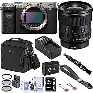 Sony Sony Alpha 7C Mirrorless Digital Camera, Silver with FE 20mm f/1.8 G Lens Bundle with Bag, 128GB SD Card, Wrist Strap, Extra Battery, Charger, Filter Kit and Accessories