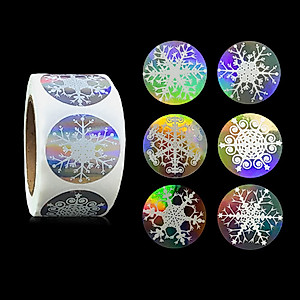 UUYYEO 500 Pcs Holographic Snowflake Stickers Christmas Adhesive Stickers Round Label Stickers for Envelope Cookie Candy Box 2.5CM