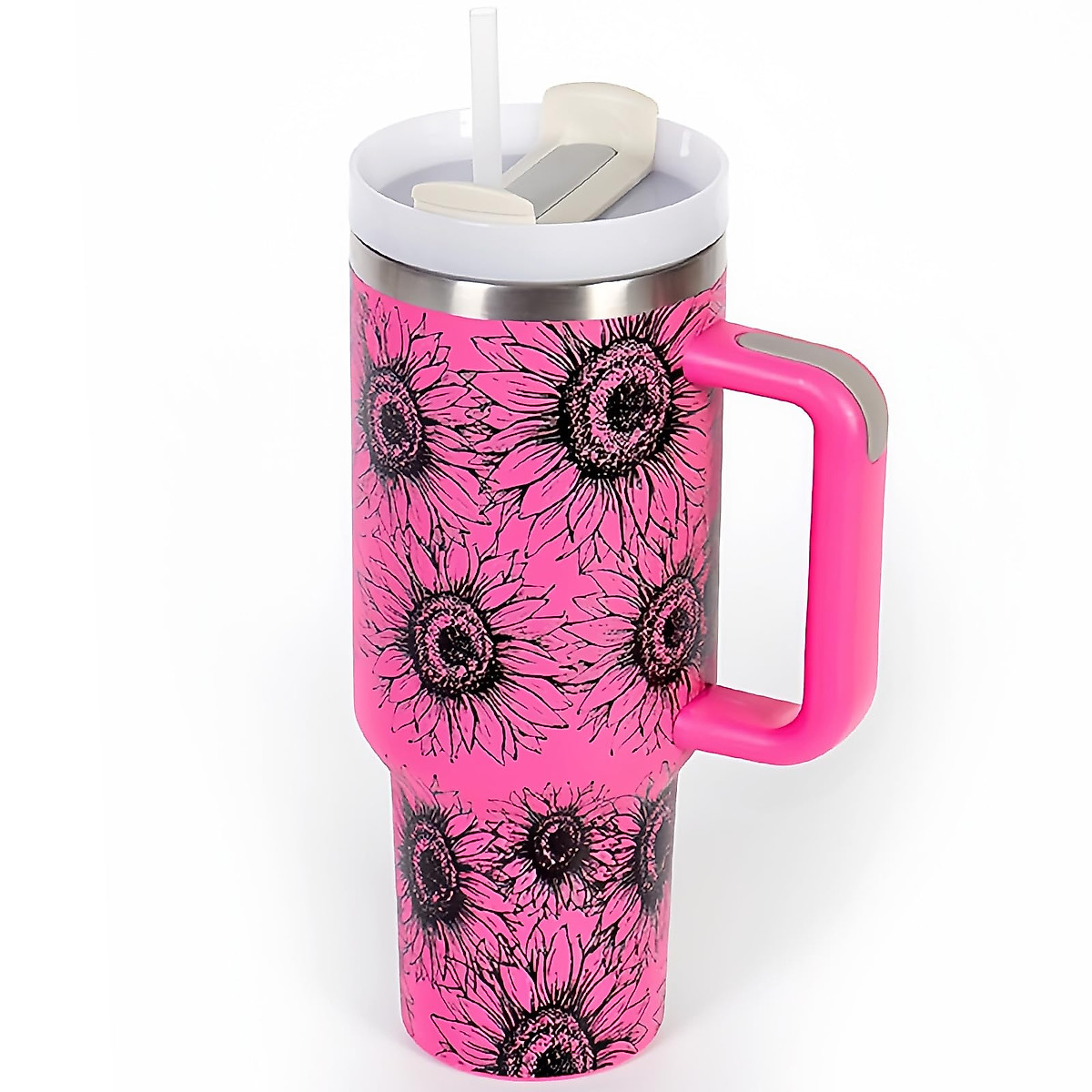 WEXINBF 40oz Tumbler With Handle And Straw Lid, Double Wall Vacuum Insulated Tumbler for Hot or Cold Drink, Stainless Steel Water Bottle Travel Mug, Large Iced Coffee Cup (Hot Pink Sunflower)