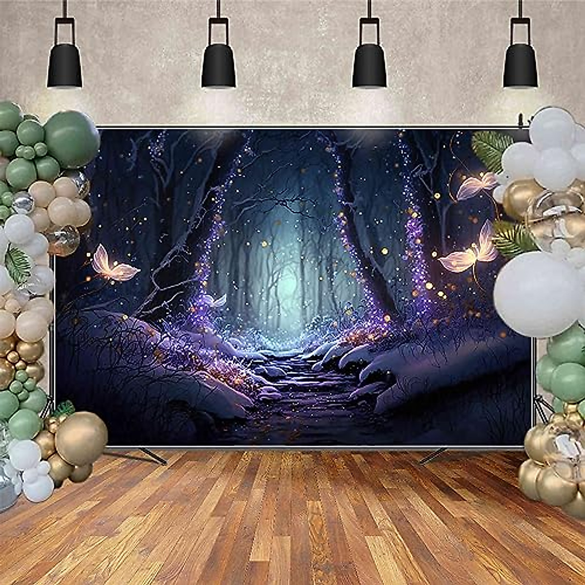 MOONDECO Photography Backdrop 7x5ft Butterfly Wonderland Forest Road Birthday Background Children Bluey Party Photo Booth Props Fire Fly Lamp Light Decorations