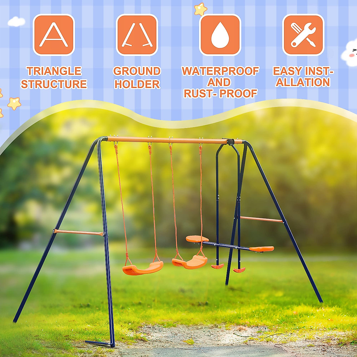 Nova Microdermabrasion Outdoor Swing Sets for Backyard, 440lbs Load Capacity Swing Stand with 2 Seats and 1 Swing Glider, Heavy Duty A-Frame Metal Outdoor Swing Set for Kids