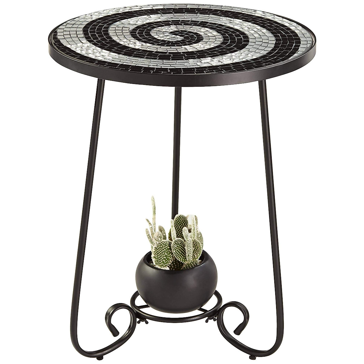 Teal Island Designs Spiral Modern Black Metal Round Outdoor Accent Side Table 17 3/4" Wide Black White Mosaic Tile Tabletop Gracefully Curved Legs for Spaces Porch Patio Home House Balcony Deck