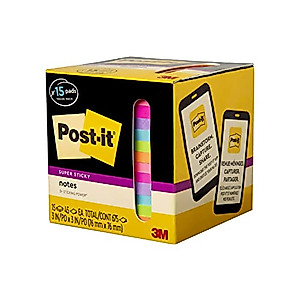 Post-it Super Sticky Notes, 3x3 in, 15 Sticky Note Pads, 2x the Sticky Power, Bright Colors, Post-it Notes, Super Sticky Note Pads, Stick Notes, Sticky Pad, Colorful Sticky Notes Pack (654-15SSCP)
