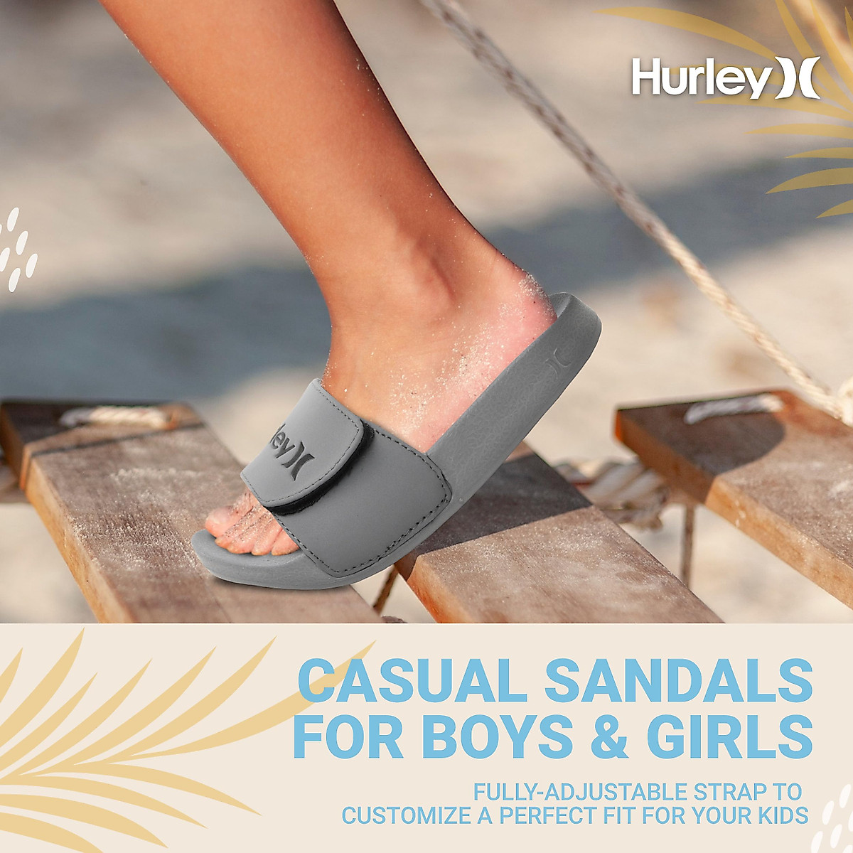 Hurley Naia Slides for Girls and Boys, Slip-On Kids Slippers with Adjustable Strap, Kid's Sandals for Indoor and Outdoor, Adjustable Sporty Slides for Kids, Eva Footbed Shower Slides, Grey