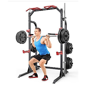 SunHome Power Cage Squat Rack, Multi-Functional Power Rack with J-Hooks, Dip Handles, Weight Plate and Olympic Bar Storage Home Gym